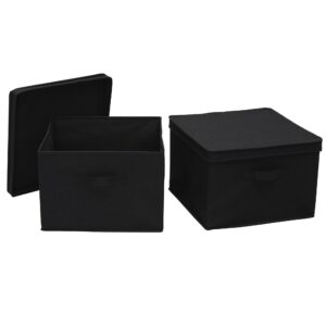 household essentials square canvas storage box with lid, 15x15x10 in, black linen, set of 2