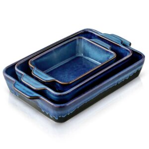 koov bakeware set, ceramic baking dish set, rectangular casserole dish set, lasagna pan, baking pans set for cooking, cake dinner, kitchen, 9 x 13 inches, reactive glaze 3-piece (nebula blue)