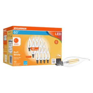 sylvania reduced eye strain b10 led light bulb, 60w = 5.5w, candelabra base, 13 year, dimmable, clear, 2700k, soft white - 12 pack (41225)