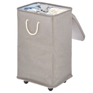 mdesign large polyester rolling laundry hamper with wheels, removable lid, and rope carrying handles - collapsible hampers with wheels for compact storage - tall single compartment basket - taupe