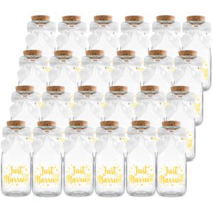 ethisa just married wedding reception bottles - 25 pack bulk gold glass bottles for favors - wedding party souvenirs with white ribbons and thank you stickers for guests