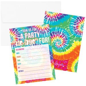 distinctivs tie dye birthday party invitations - peace, love, party - 10 fill in invite cards with envelopes - kid, tween or teen 60s groovy themed party supplies