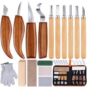 26-in-1 wood carving kit with detail wood carving knife, whittling knife, wood chisel knife, gloves, carving knife sharpener for spoon, bowl, kuksa cup (26pcs)