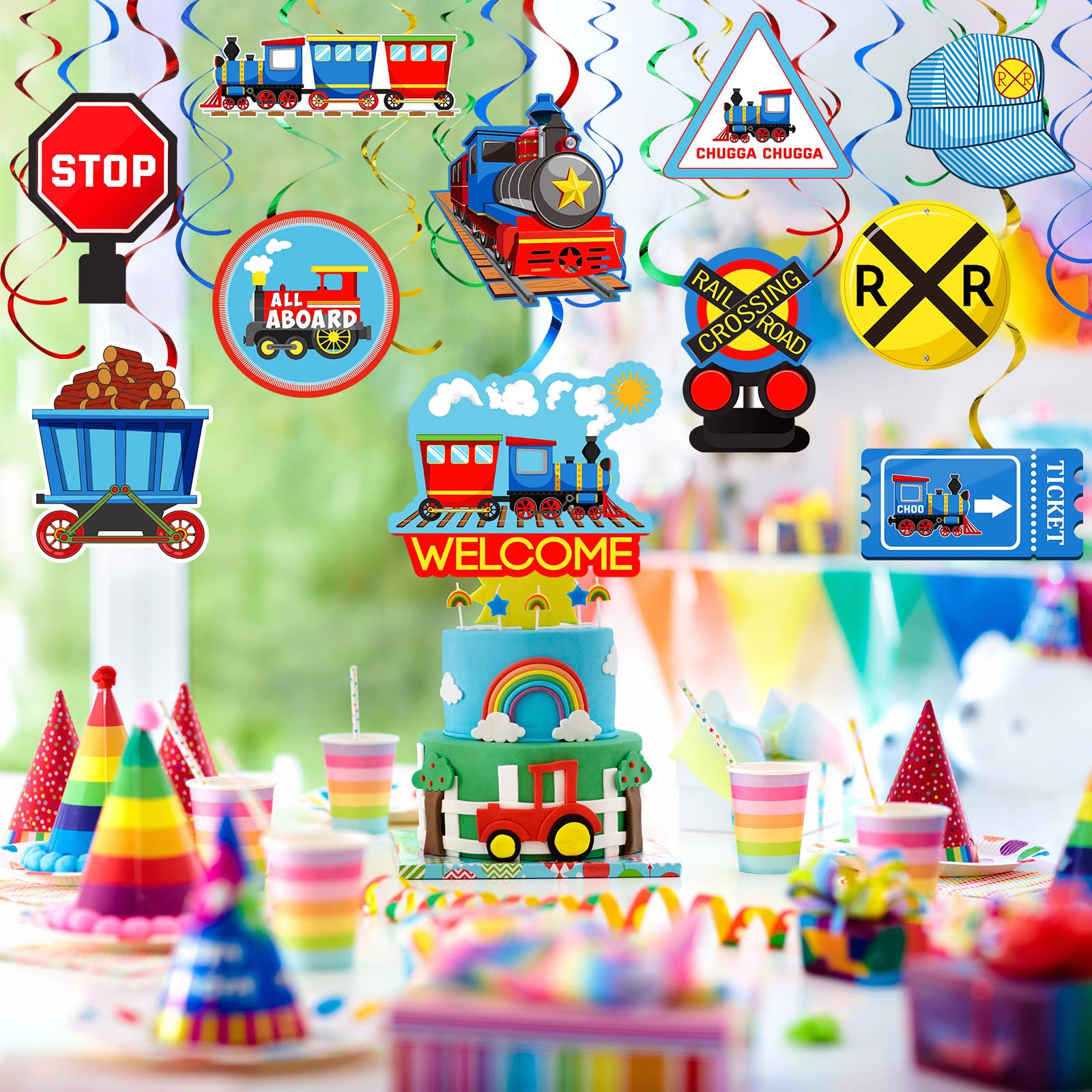 51 Pieces Train Birthday Party Supplies Decorations Transportation Hanging Swirls Steam Train Ceiling Decor for Railroad Traffic Sign Party I'm Two Party Baby Shower Favors Supplies