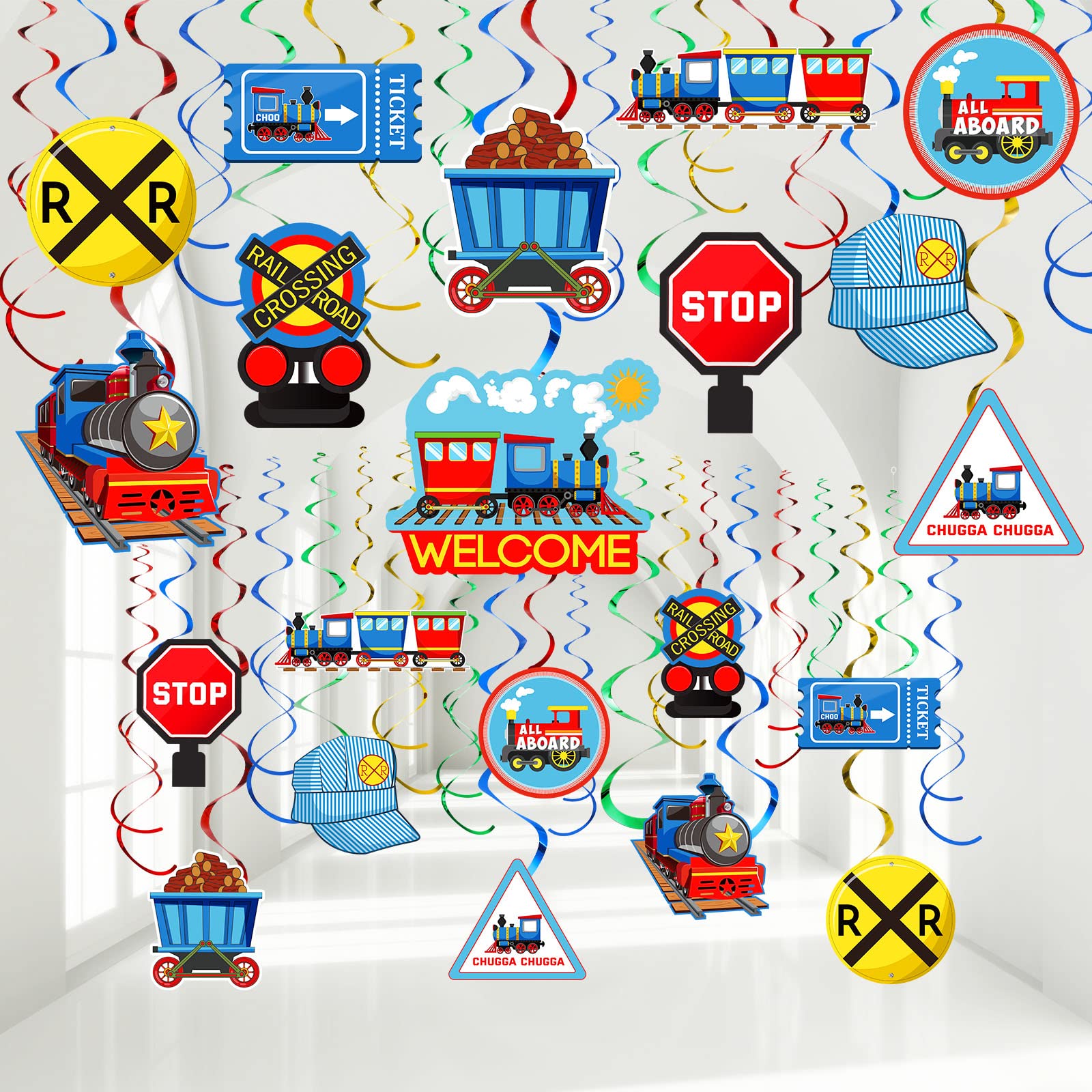 51 Pieces Train Birthday Party Supplies Decorations Transportation Hanging Swirls Steam Train Ceiling Decor for Railroad Traffic Sign Party I'm Two Party Baby Shower Favors Supplies