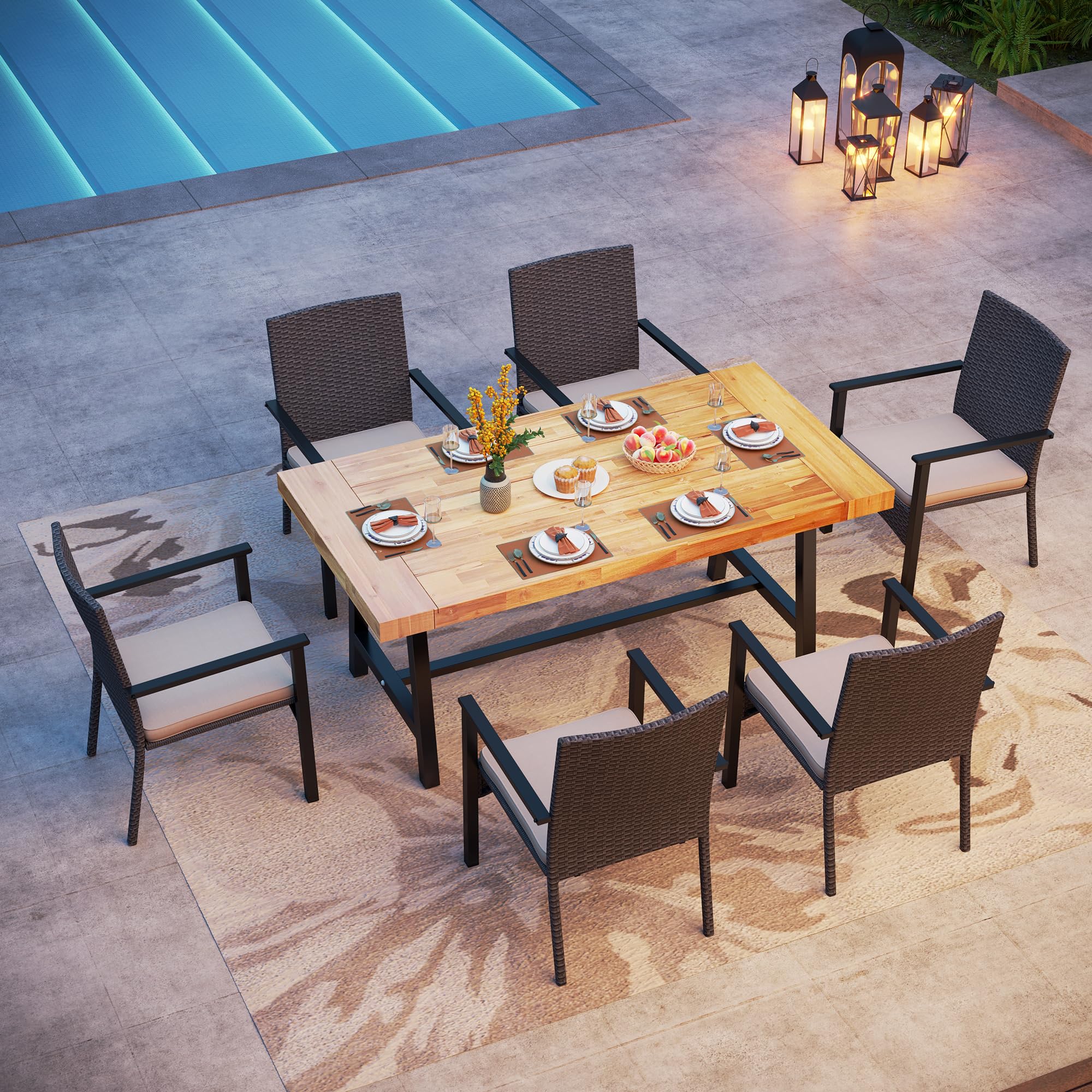 PHI VILLA 7 Piece Outdoor Dining Set for 6, 1 Acacia Wood Table & 6 Cushioned Wicker Chairs, Outdoor Dining Furniture Set for Patio,Deck, Yard, Porch