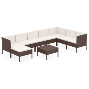 vidaxl 9-piece outdoor patio lounge set - weather-resistant pe rattan furniture with cushions - powder-coated steel frame - perfect for garden, deck and backyard - brown with cream white cushions