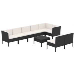 vidaxl 9 piece poly rattan patio lounge set with cushions - versatile, weather resistant outdoor furniture set in black with cream white cushions