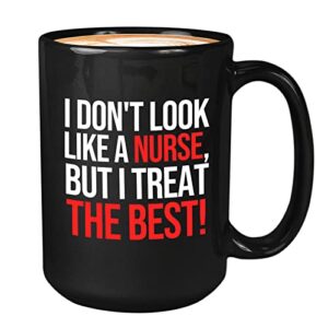 bubble hugs nurse coffee mug 15oz black - i don't look like - labor clinical certified nursing assistant surgical emergency oncology practitioner