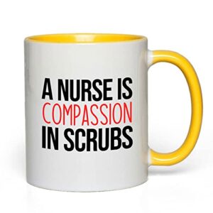 bubble hugs nurse 2tone yellow mug 11oz - a nurse is compassion - labor clinical certified nursing assistant surgical emergency oncology practitioner