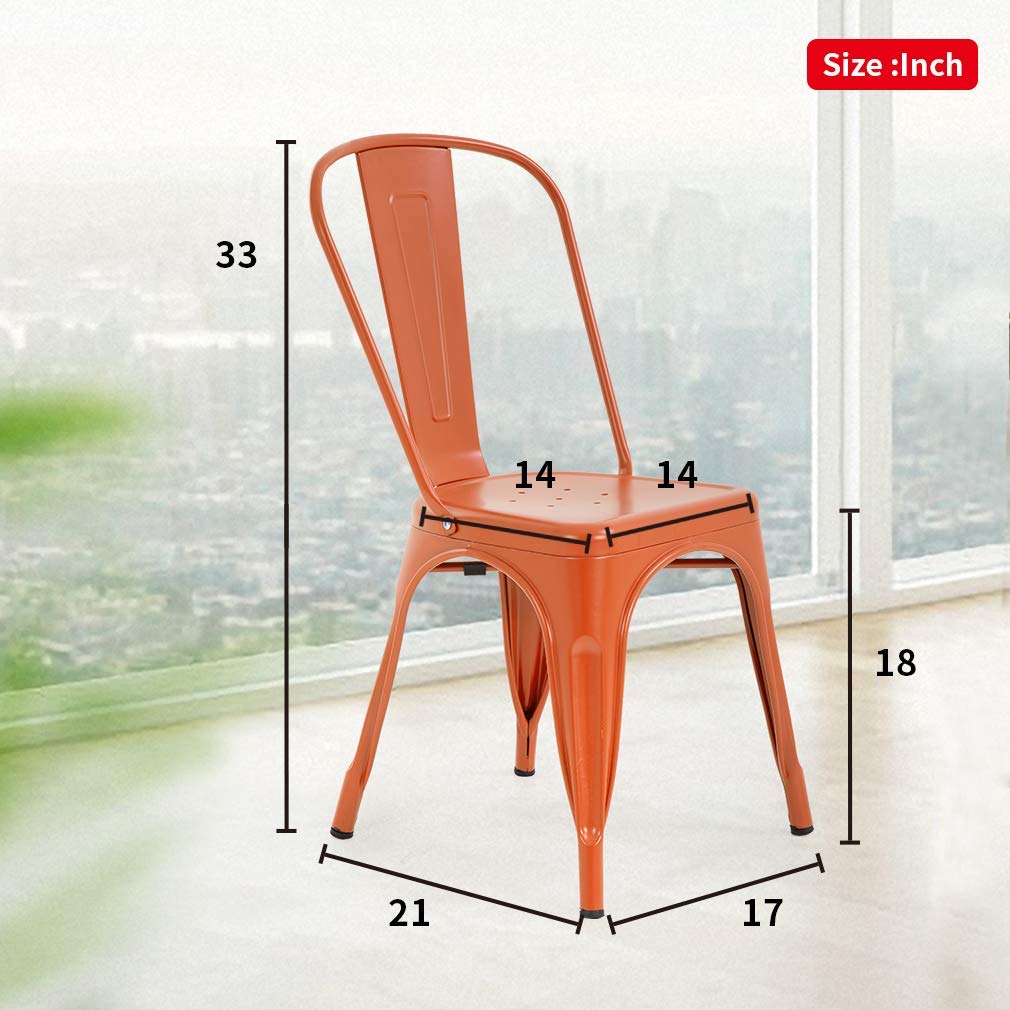 XXkseh Metal Dining Chairs Set of 4 Patio Chairs Restaurant Chair 18 Inch Seat Height Indoor Outdoor Chairs Tolix Style Bar Chairs Side Metal Stackable 330LBS Weight Capacity, Orange