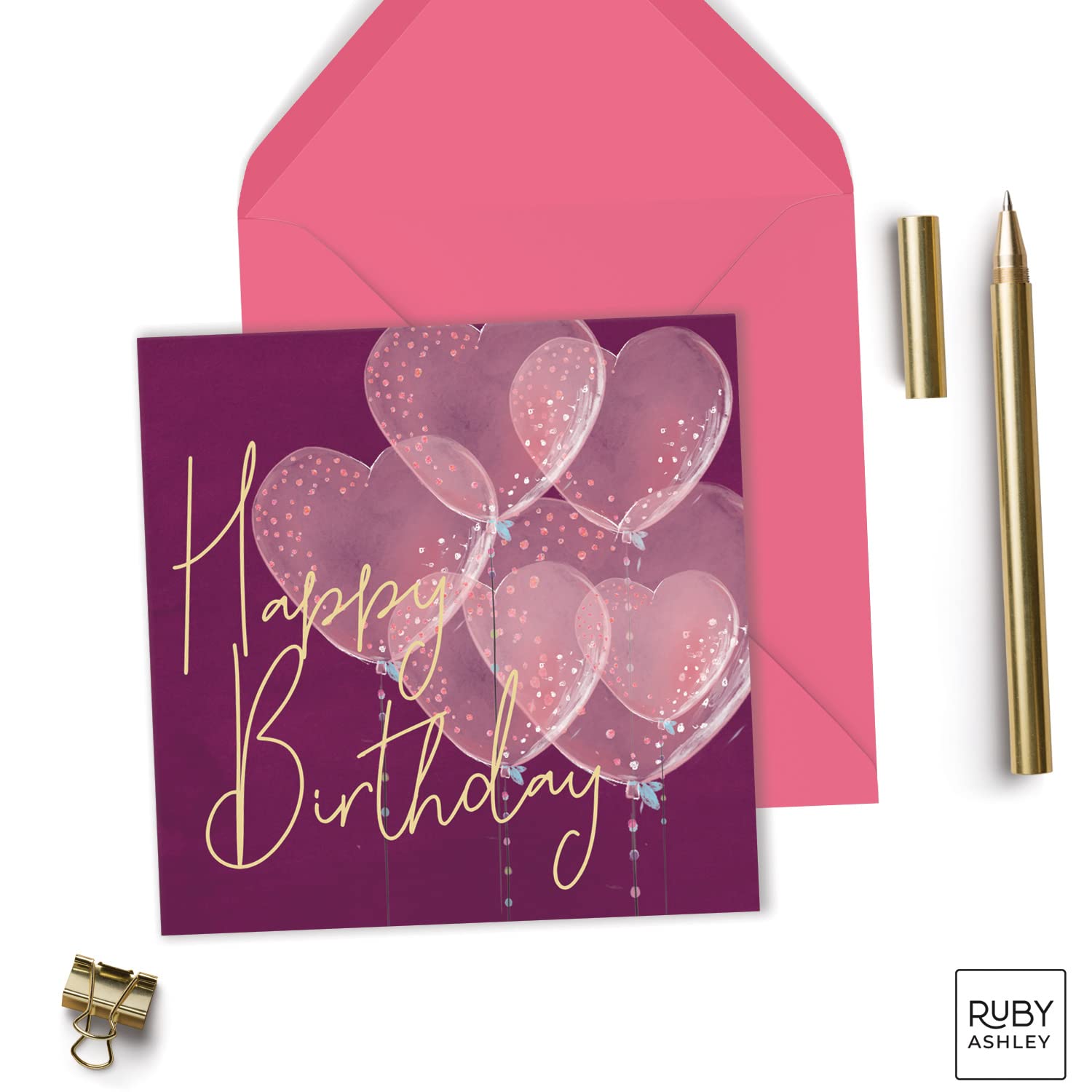 Ruby Ashley Birthday Card for Female Adult or Child. Balloon Happy Birthday Card for Her with Pink Envelope. 100% Recyclable. Made in the UK Eco Friendly Birthday Cards for Women.