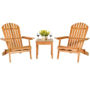 tangkula 3 pieces adirondack chair set, outdoor wood furniture set with 2 folding lounge chairs & side table, widened armrest, slatted design, all weather conversation set for garden patio backyard