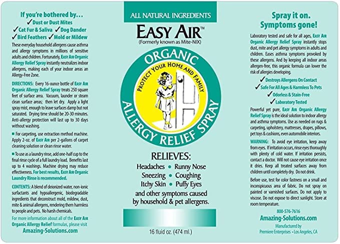 Easy Air Organic Allergy Relief Spray, Clear Liquid Formula for Instant Relief for Symptoms of Pet Allergies, Dust and Mite Allergy - 16 Fl Oz