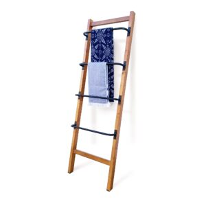 mitus blanket ladder, 4-tier towel ladder shelf with offset metal rungs and pine wood frame, rustic brown and black