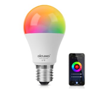 dicuno smart light bulbs, full color changing bulb, work with alexa, google assistant, no hub required, rgbcw multicolor dimmable smart led wifi bluetooth a19 e26 9w 800lm lights, 1-pack