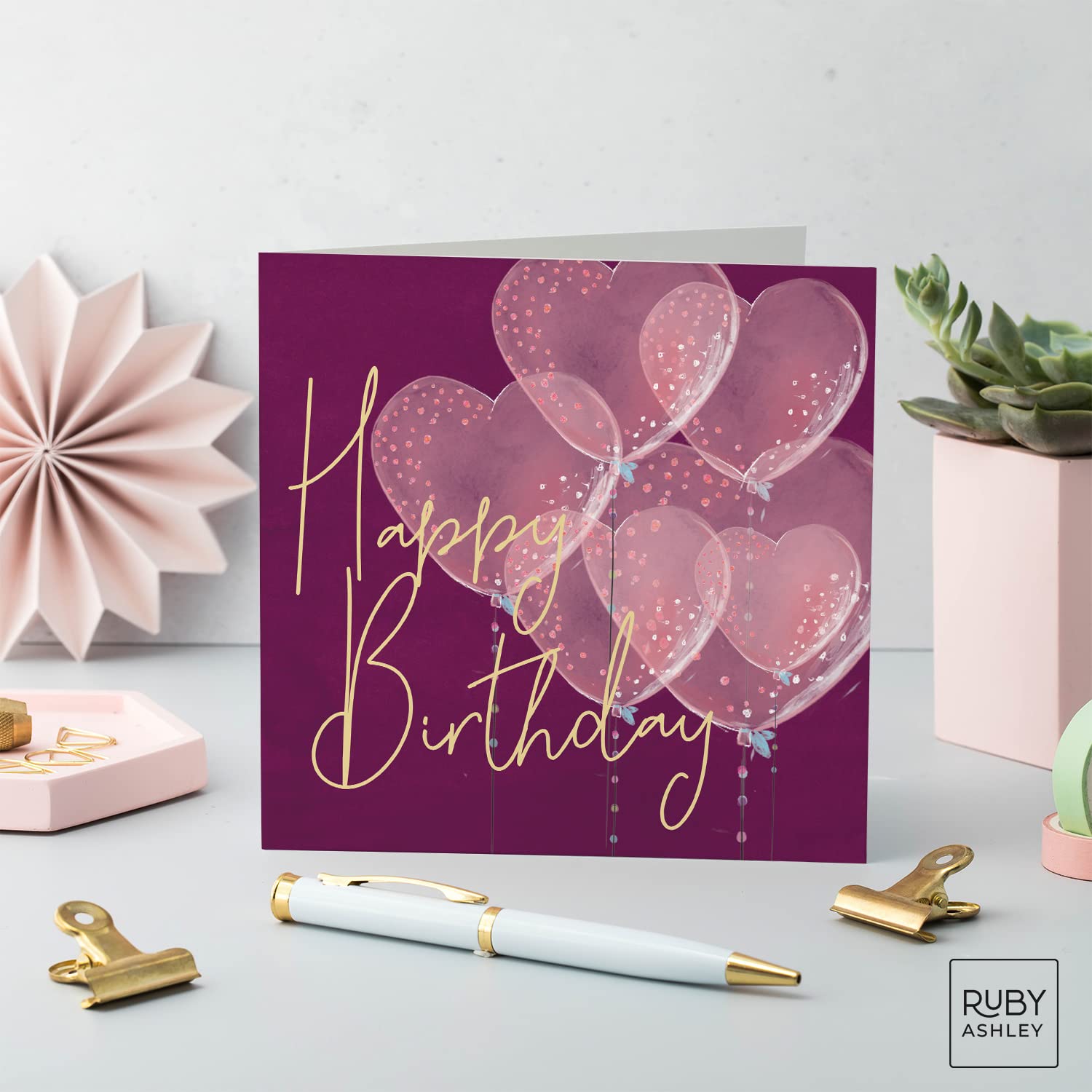 Ruby Ashley Birthday Card for Female Adult or Child. Balloon Happy Birthday Card for Her with Pink Envelope. 100% Recyclable. Made in the UK Eco Friendly Birthday Cards for Women.