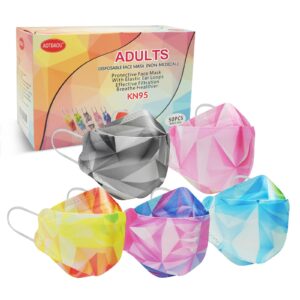 kn95 masks for women men, 50 packs individually wrapped fun assorted color print, adult sized design with adjustable noseclip, multi layer filtering breathable comfortable protective cover filter efficiency≥95%