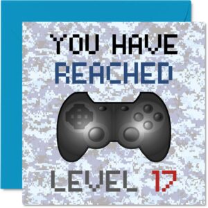 stuff4 unisex 17th birthday card - you have reached level 17, video gaming theme, 145mm x 145mm, blank inside, coloured envelope