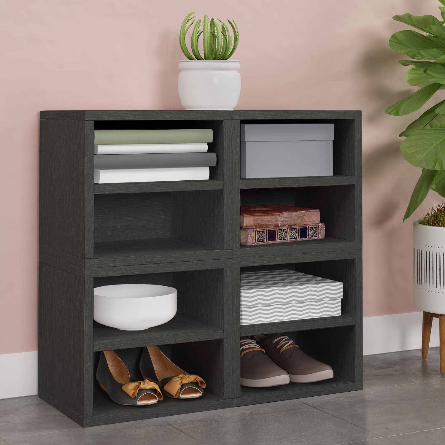 Way Basics Stackable Bookshelf Cube 2-Tier Shelf Modular Closet Organizer and Storage (Tool-Free Assembly), Charcoal Black