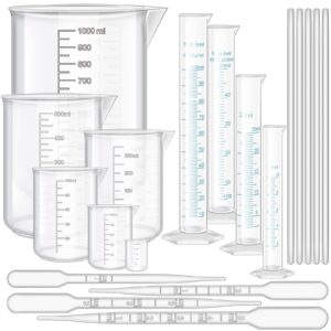 23pcs plastic graduated cylinders beakers set- 6 clear plastic graduated cylinders 25/50/100/250/500/1000ml, 4 plastic beakers 10/25/50/100ml with 8 plastic droppers and 5 stirring rod