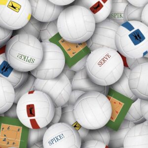 elizabeth's studio sports packed volleyballs white premium quality 100% cotton fabric by the yard.