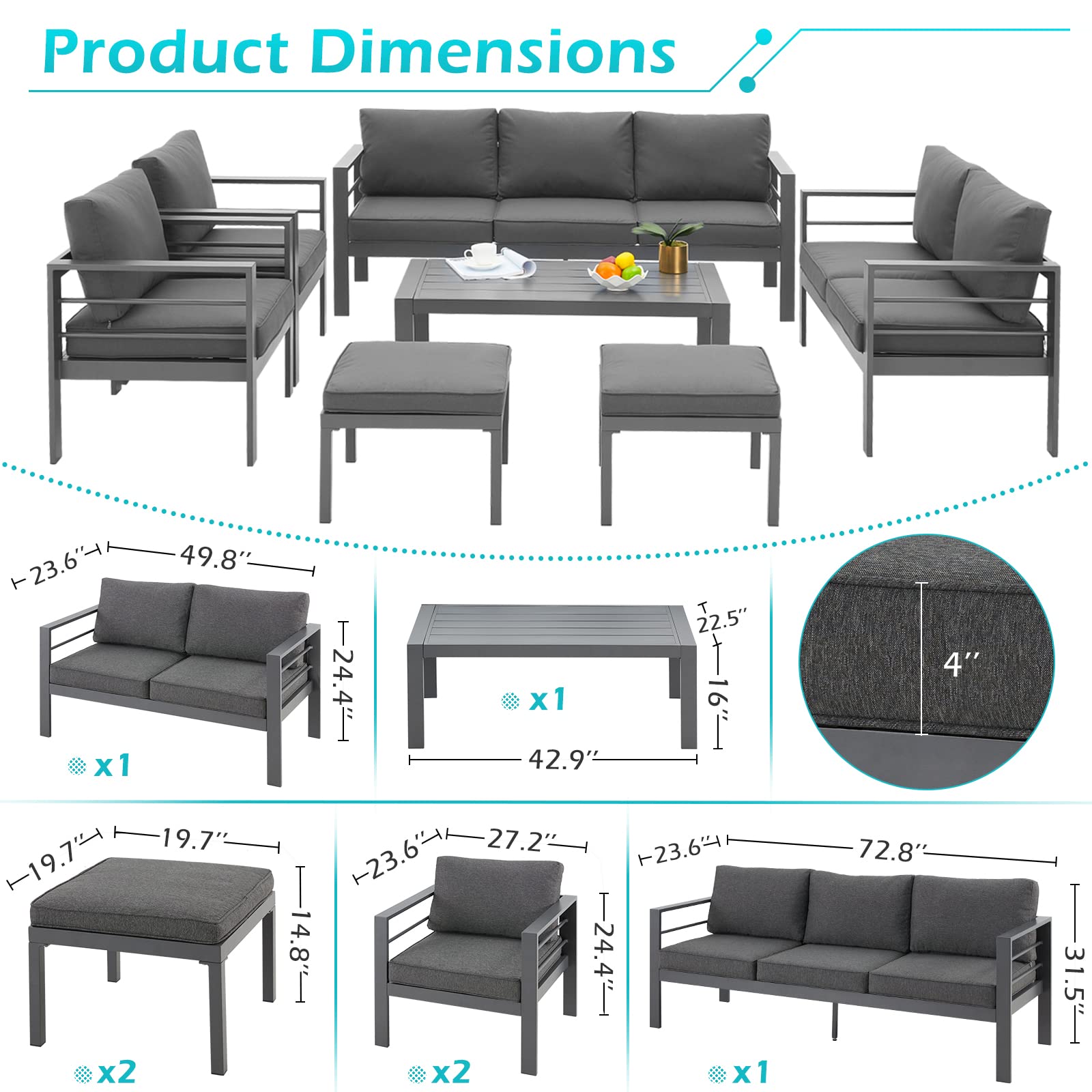 AECOJOY Aluminum Patio Furniture Set, Modern Outdoor Patio Furniture with Coffee Table, 7 Pieces Outdoor Conversation Set with Navy Blue Cushions for Balcony, Porch, Lawn and More