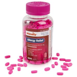 timely allergy relief diphenhydramine hcl 25 mg - 650 caplets - compared to benadryl allergy ultratab - antihistamine - allergy medication - runny nose relief for adults - watery eyes treatment