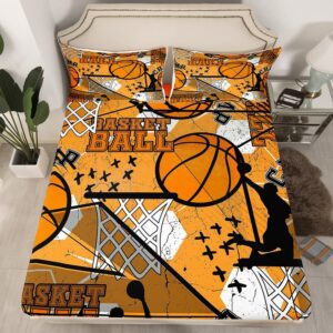 basketball bed sheet set sports theme bedding sheet 3d ball games fitted sheet for boys girls children teens bedroom decor yellow basketball player comforter cover twin size with 1 pillow case