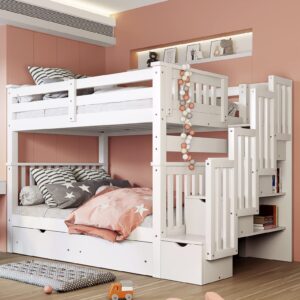 harper & bright designs full over full bunk bed with 6 storage drawers, wooden full bunk beds with stairway and shelves, detachable bunk bed for kids, teens, adults boys & girls (new, white)