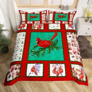 erosebridal cardinals birds duvet cover red cardinal bedding set for kids child,green pine tree branches comforter cover cute bird animal bed sets patchwork style bedroom decor twin size