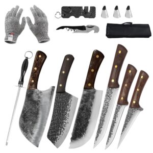 fullhi 12pcs chef/butcher fish knife set, high carbon steel hand forged boning bbq knife set with knife bag for kitchen, camping, bbq