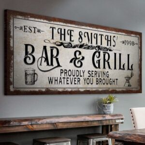 tailored canvases custom bar and grill sign - canvas wall art decor for man cave, hideout, kitchen, pub, diner and restaurant - rustic bar & grill hook on cloth with 1 beer mug and griller, 20x10