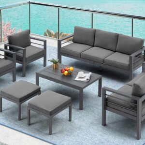 AECOJOY Aluminum Patio Furniture Set, Modern Outdoor Patio Furniture with Coffee Table, 7 Pieces Outdoor Conversation Set with Navy Blue Cushions for Balcony, Porch, Lawn and More