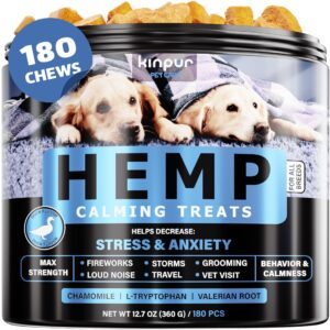 calming chews for dogs - anxiety relief for dogs - dog calming treats with hemp oil for all breeds - hip & joint health - 180 duck-flavor chews - aid during fireworks, thunderstorms, separation