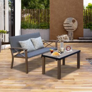 domi aluminum patio furniture set, 2-piece modern conversation set with cotton padding backrests and seats, outdoor loveseat metal sofa set with 5.5 inch cushion and coffee table for balcony, garden