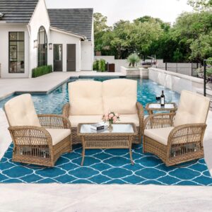 meetwarm 5 pieces outdoor patio rattan furniture sets, all weather patio wicker conversation set - 2 rocking swivel chairs 1 rattan loveseat glider with cushions, 2 glass-top coffee table, beige