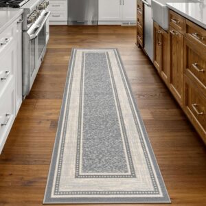 ottomanson ottohome non-slip rubberback bordered design 2x7 indoor runner rug, 1'10" x 7', light gray