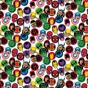 marvel fabric character hero heads in white premium quality 100% cotton fabric by the yard