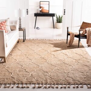 safavieh natural fiber collection area rug - 9' x 12', natural, handmade farmhouse rustic geometric moroccan trellis braided tassel jute, ideal for high traffic areas in living room, bedroom (nf106b)