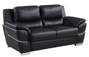 blackjack furniture binion modern leather loveseat for living room with padded headrests, stainless steel legs & accent chrome trim, black