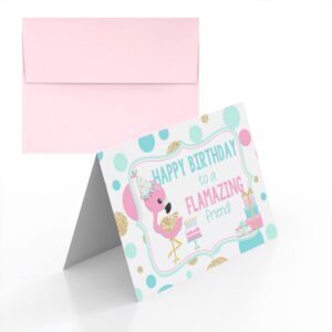 flamazing friend flamingo themed birthday pun themed single (1) all occasion blank birthday card to send to friends & family, 4"x 6" (when folded) fill in greeting note card by amandacreation