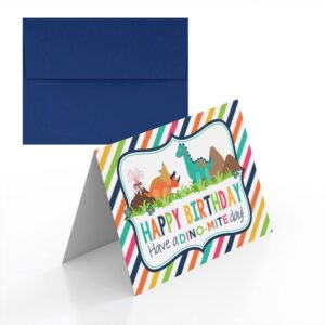 have a dino-mite day dinosaur themed birthday pun themed single (1) all occasion blank birthday card to send to friends & family, 4"x 6" (when folded) fill in greeting note card by amandacreation