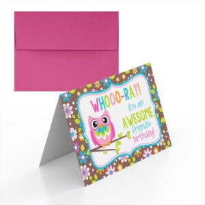 whoo-ray owl themed birthday pun themed single (1) all occasion blank birthday card to send to friends & family, 4"x 6" (when folded) fill in greeting note card by amandacreation