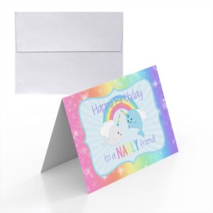 magical rainbow narwhal birthday pun themed single (1) all occasion blank birthday card to send to friends & family, 4"x 6" (when folded) fill in greeting note card by amandacreation