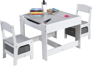 fireflowery, 3-in-1 wooden activity w/storage drawer & detachable blackboard, 3-piece square children art desk, toddler table&chairs kids table and chair set, large, grey