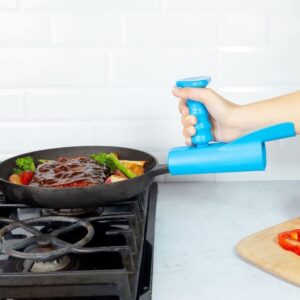 pan buddy™- vertical attachment for pan handle- adds leverage and support- makes lifting heavy cookware easier! (blue)