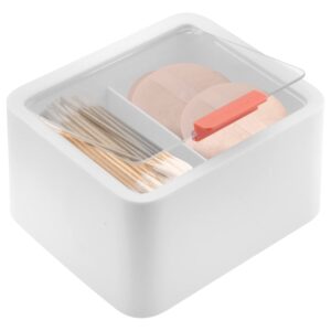 homequip bathroom organizer cotton pad & q tip storage with lid – white quip dispenser box with 2 sections for cotton swab balls, makeup sponge, tooth pick, hair accessories & much more