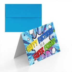 super friend super hero themed birthday pun themed single (1) all occasion blank birthday card to send to friends & family, 4"x 6" (when folded) fill in greeting note card by amandacreation