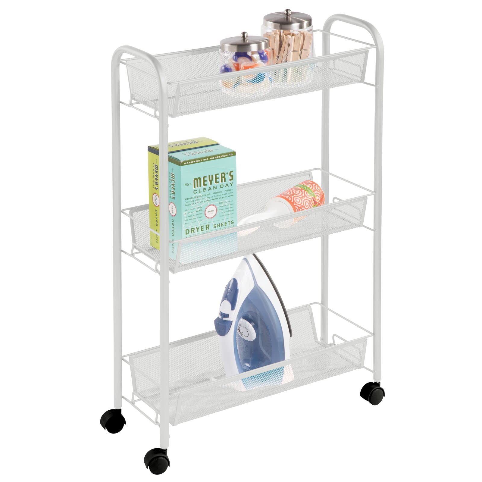 mDesign Steel Rolling Utility Cart Storage Organizer Trolley with 3 Basket Shelves for Laundry Room, Mudroom, Garage, Bathroom Organization - Holds Detergents, Hand Soap - Biro Collection, Light Gray